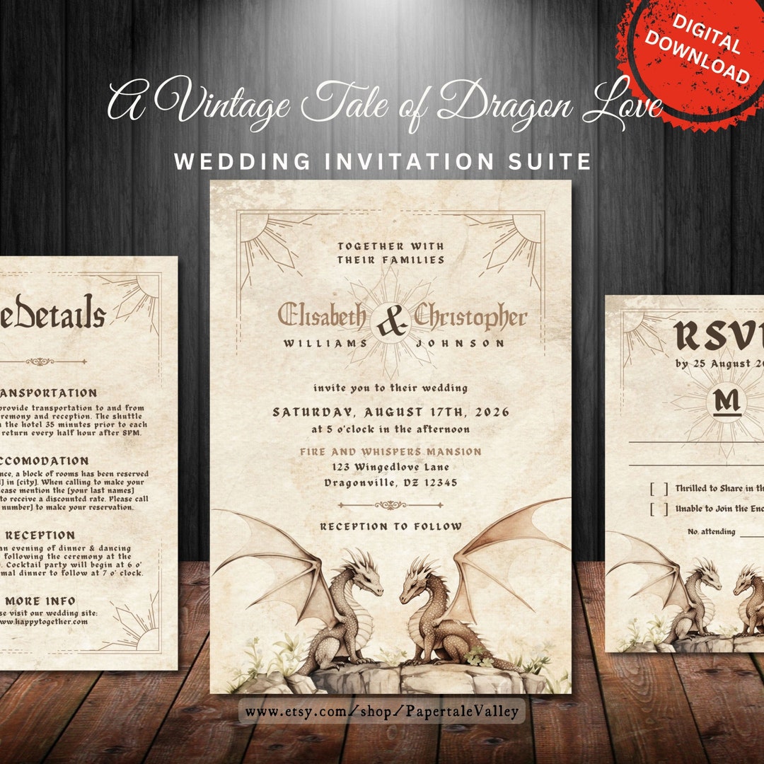 Dragon Wedding Invitation Suite: Vintage Medieval Design (digital ...