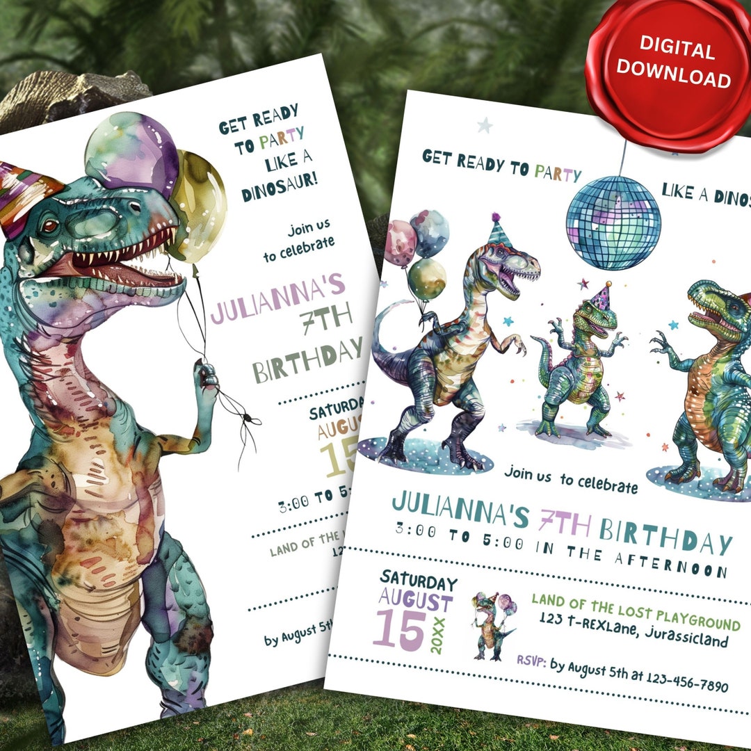 T-rex Birthday Party Invitation: Dancing Dinosaurs (digital Download ...