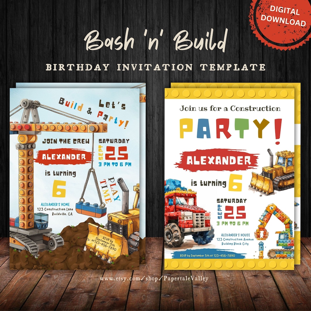 Editable Construction Birthday Invitation Template | Build 'n' Bash ...