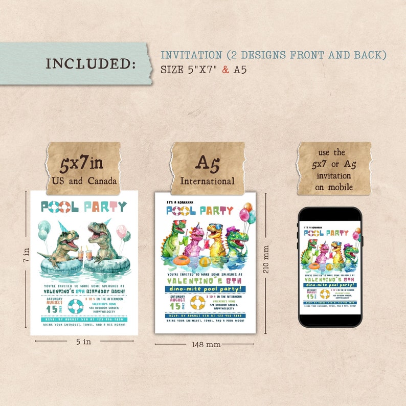 EDITABLE Dinosaurs Pool Party Invitation TEMPLATE Printable T-rex Dinos ...