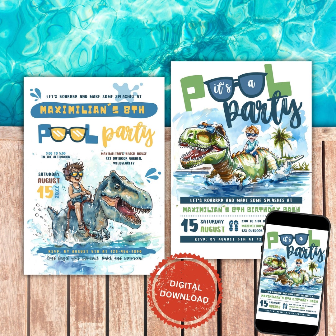 EDITABLE T-rex Ride Pool Party Invitation TEMPLATE | Summer Party ...