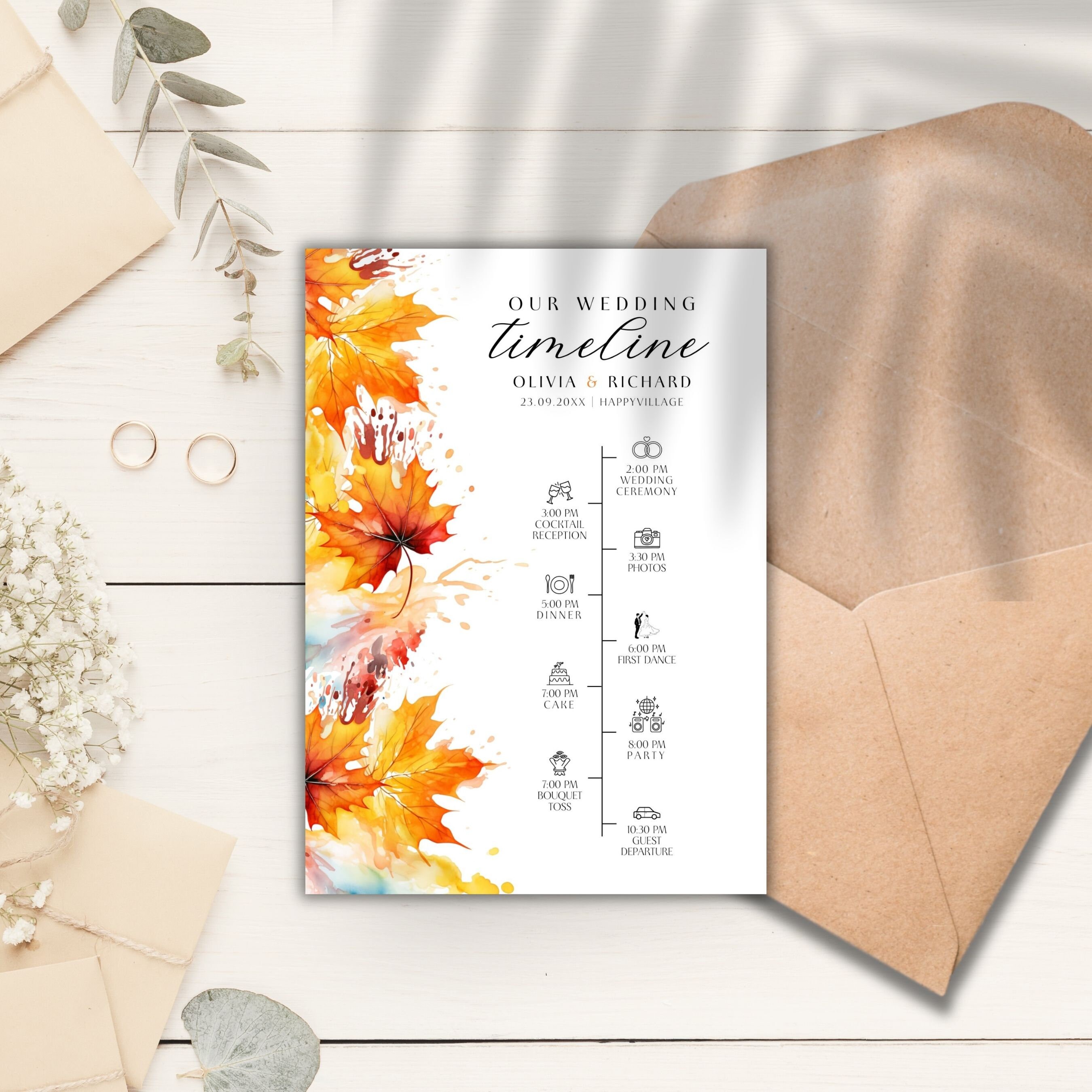 PRINTABLE Watercolor Autumn Leaves Wedding Timeline Template | Editable ...