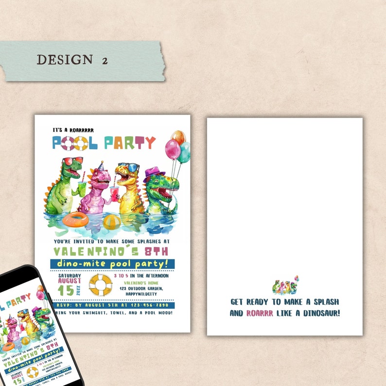 EDITABLE Dinosaurs Pool Party Invitation TEMPLATE Printable T-rex Dinos ...