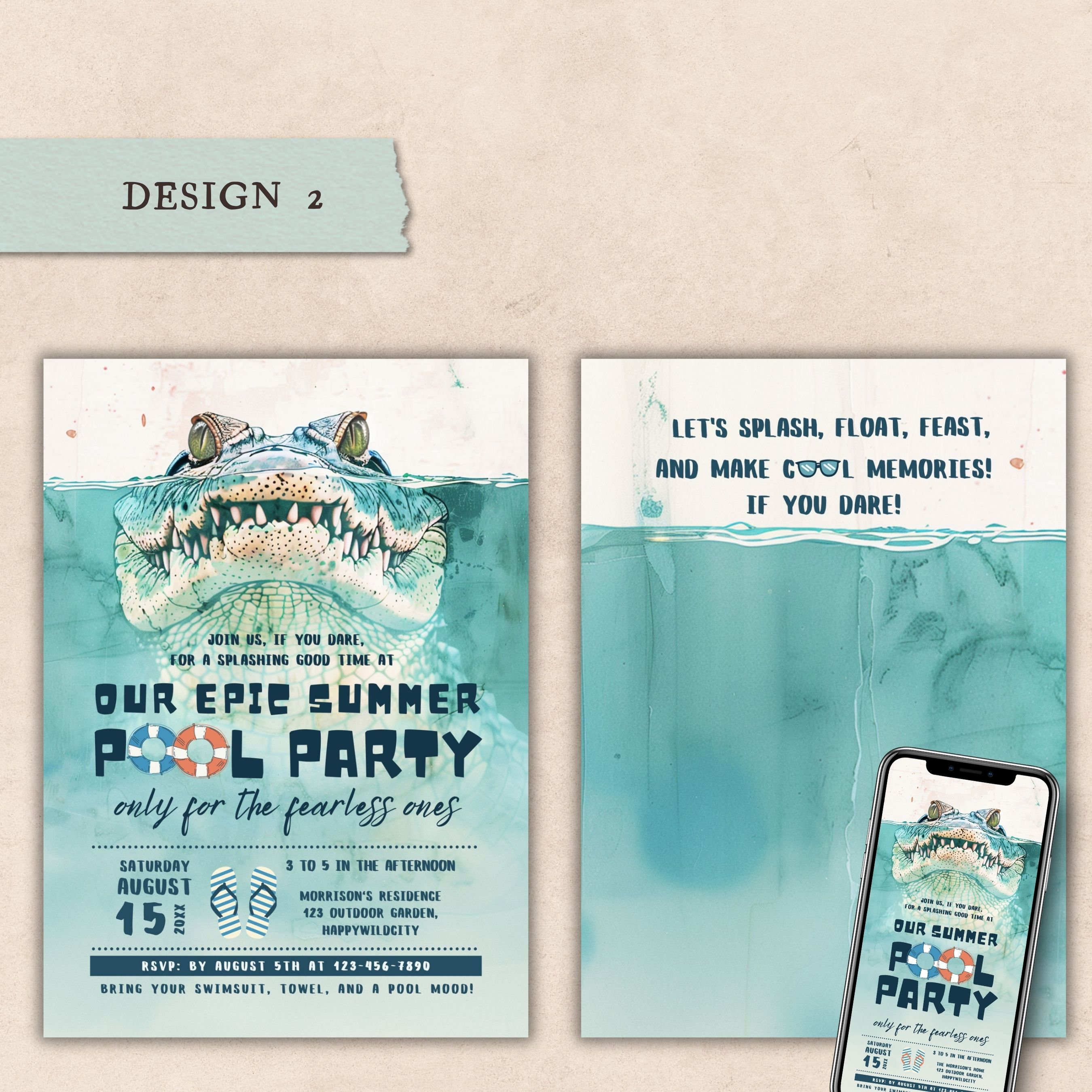 EDITABLE Fearless Pool Party Birthday Invitation TEMPLATE Crocodile in ...