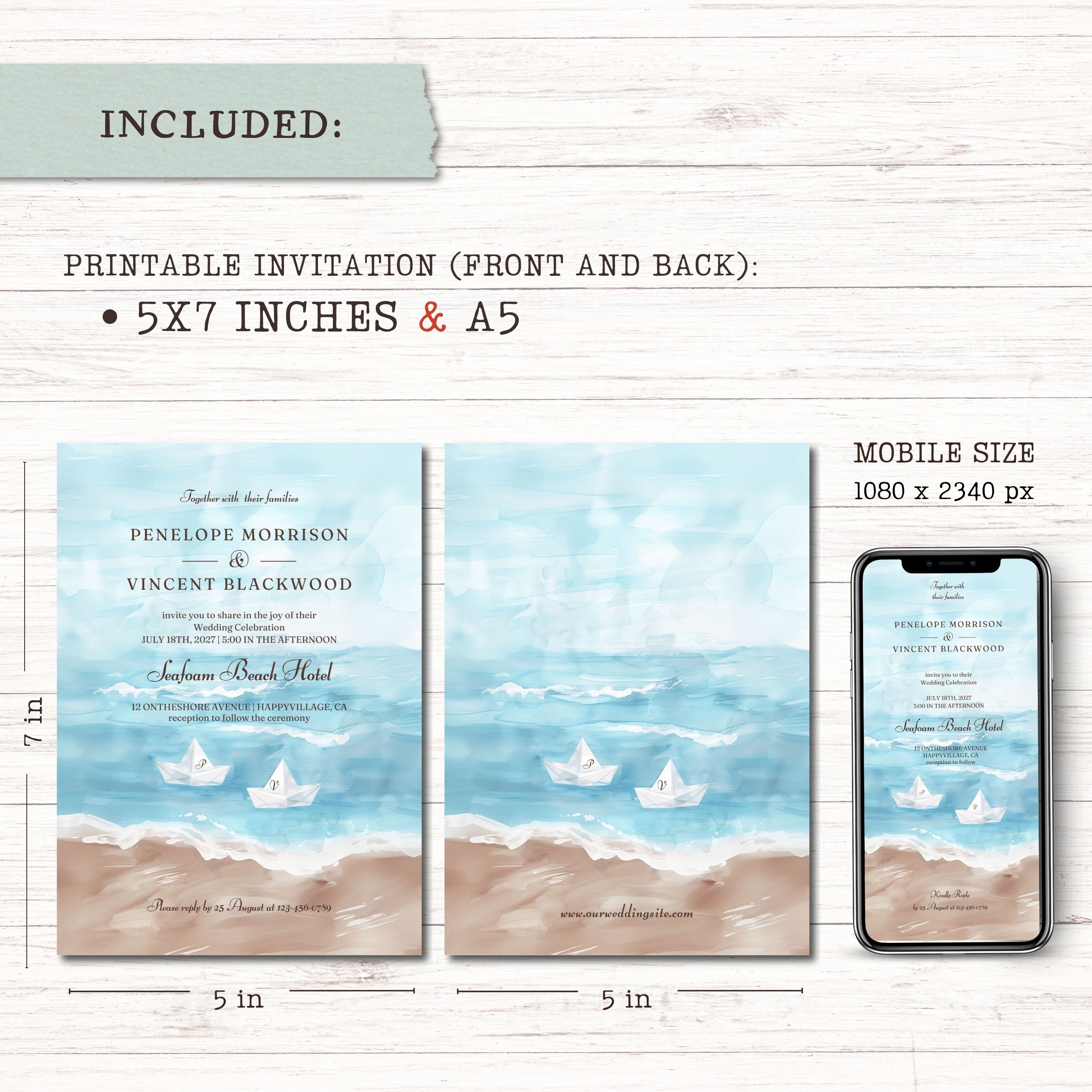 Editable Paper Boats on the Sea Wedding Invitation Beach Wedding ...