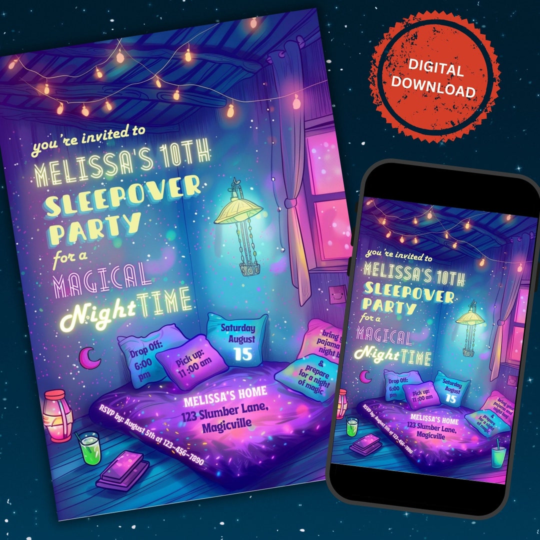 EDITABLE Magical Sleepover Birthday Party Invitation TEMPLATE | Slumber ...