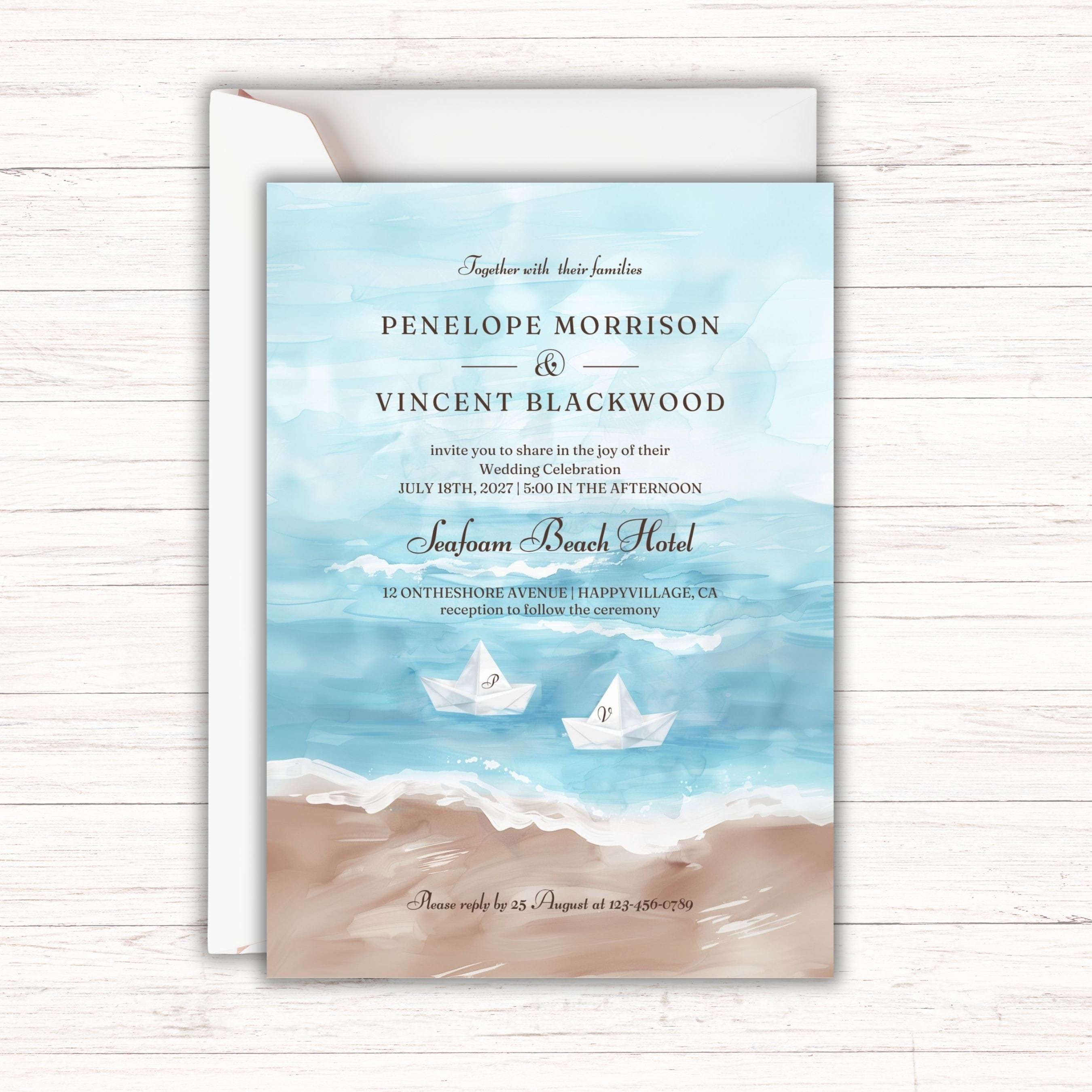 Editable Paper Boats on the Sea Wedding Invitation Beach Wedding ...