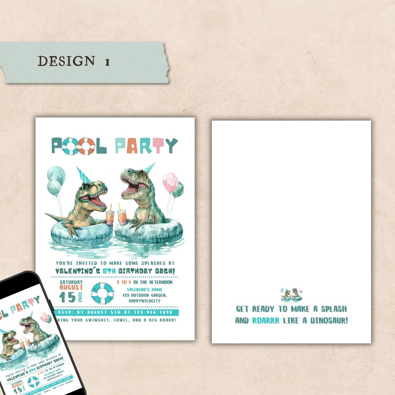 EDITABLE Dinosaurs Pool Party Invitation TEMPLATE Printable T-rex Dinos ...