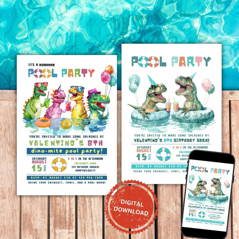EDITABLE Dinosaurs Pool Party Invitation TEMPLATE Printable T-rex Dinos ...