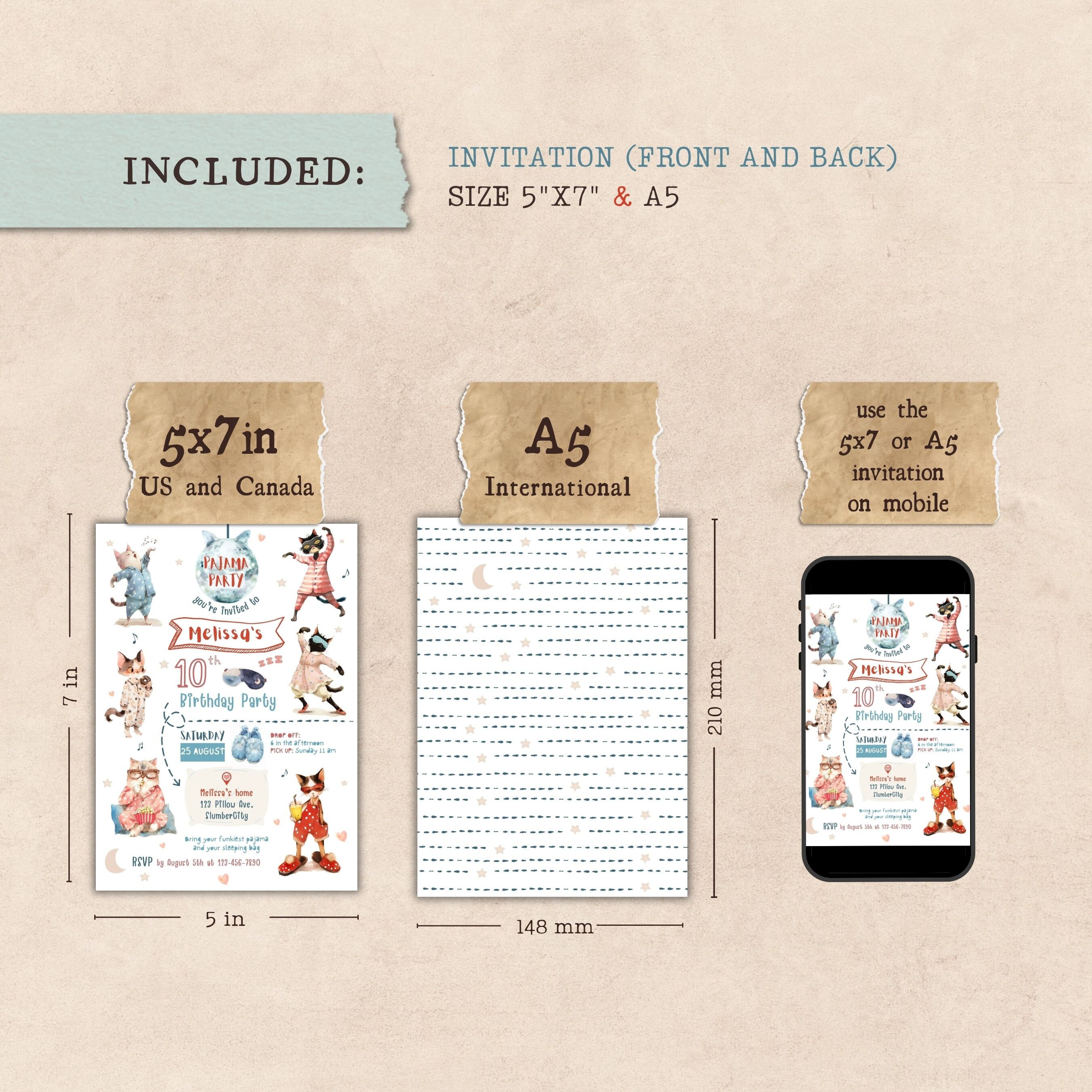 EDITABLE Cat Pajama Birthday Party Invitation TEMPLATE Sleepover Party ...