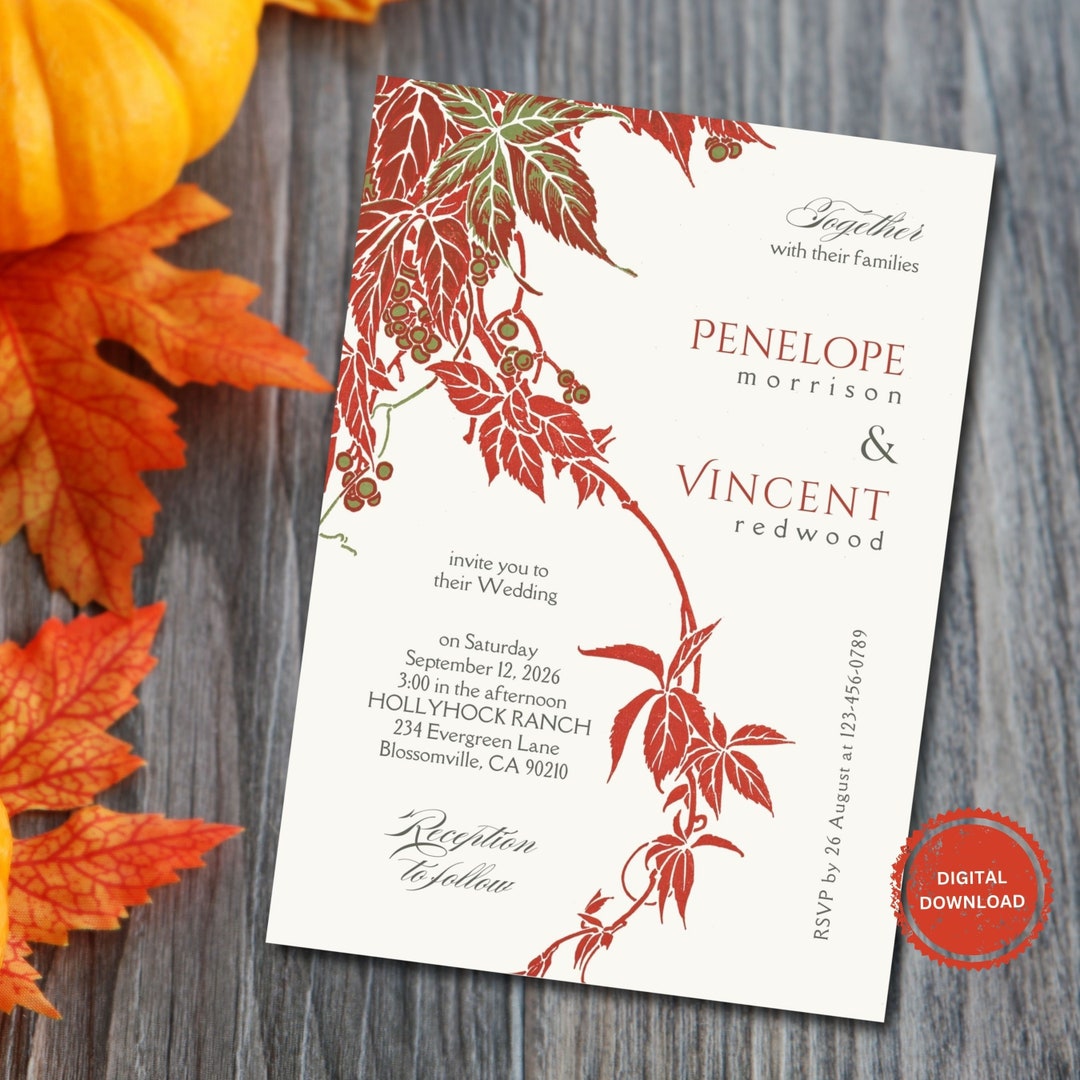 Editable Fall in Love Wedding Invitation Template | Printable, Elegant ...
