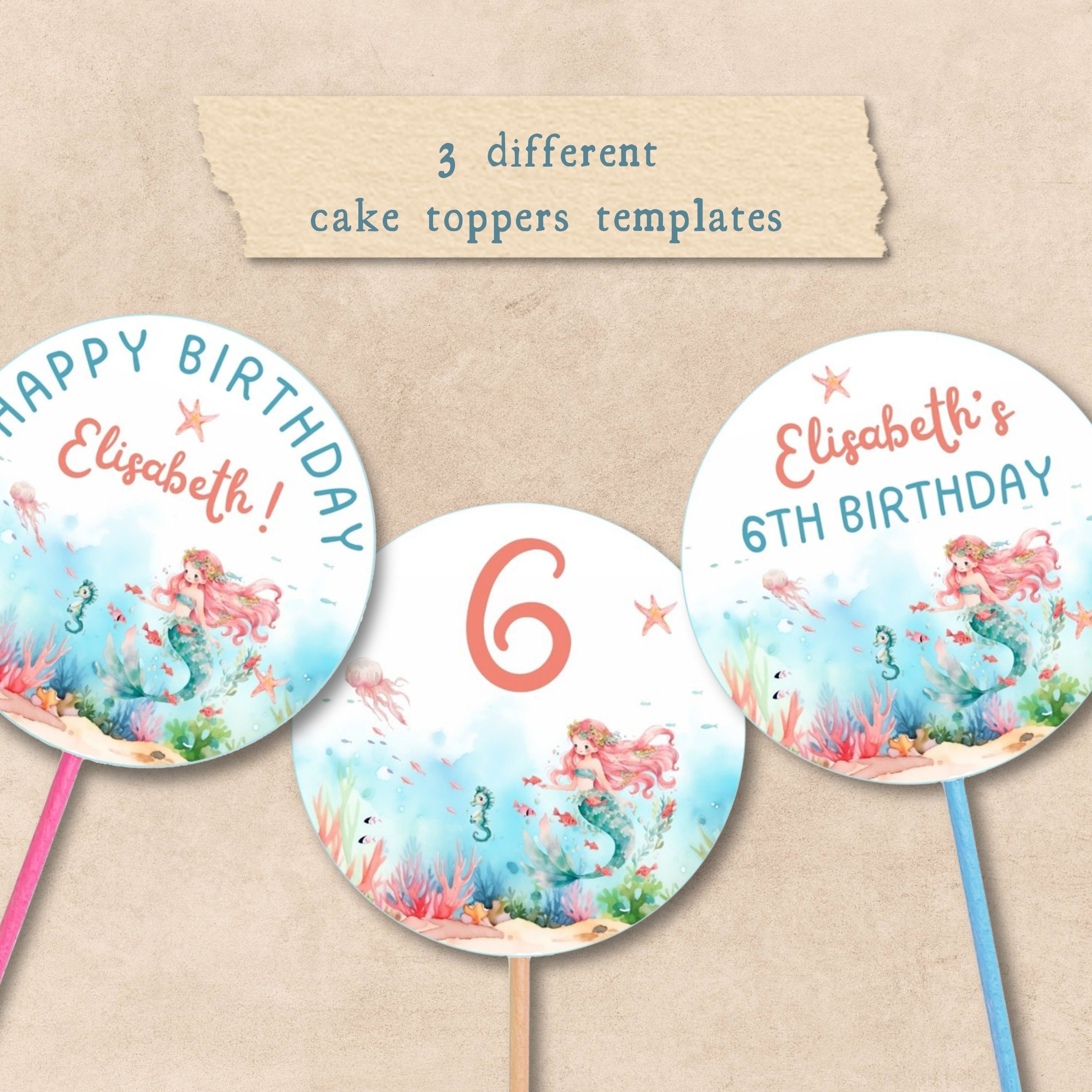 Editable Mermaid Birthday Cake Topper Under the Sea Cake Topper Label ...