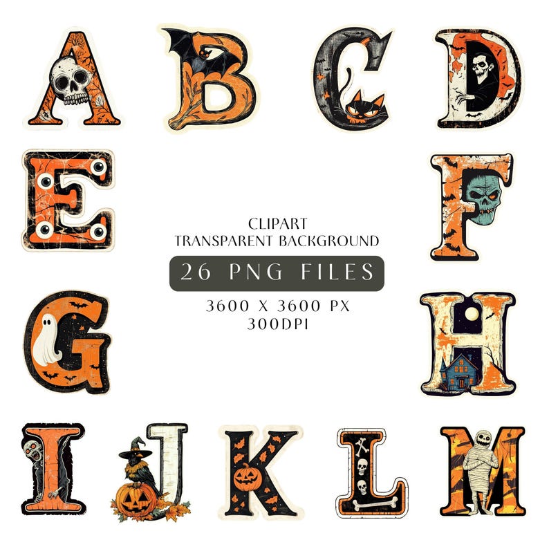 Retro Halloween Alphabet Clipart – A to Z Spooky Stickers Letters PNG ...