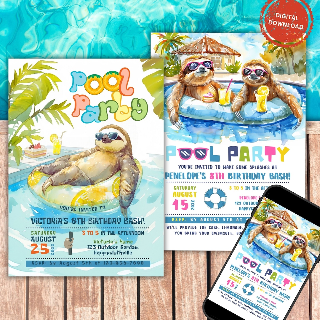 EDITABLE Sloth Pool Party Invitation TEMPLATE | Printable Sloths in ...
