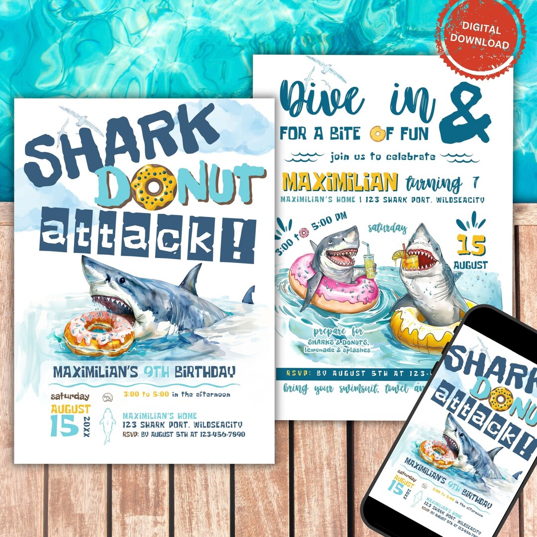 Donut Shark Pool Party Invitation: Kids Birthday, Editable Canva ...