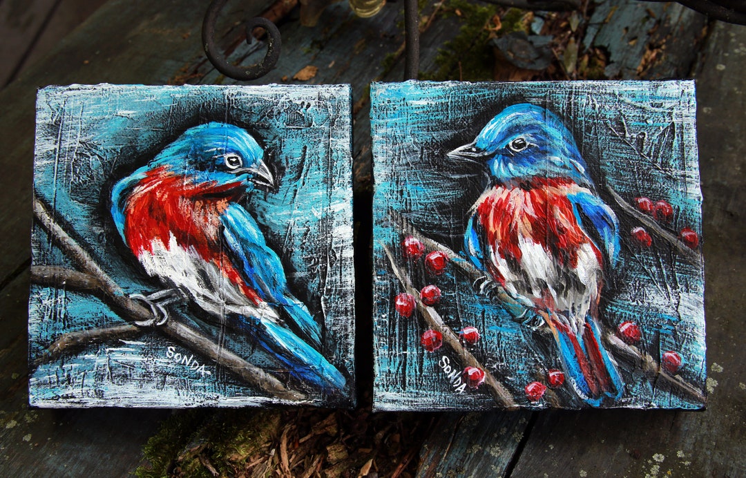 Blue Birds, Blue Bird Original Painting, Blue Bird on Canvas, Blue Bird ...