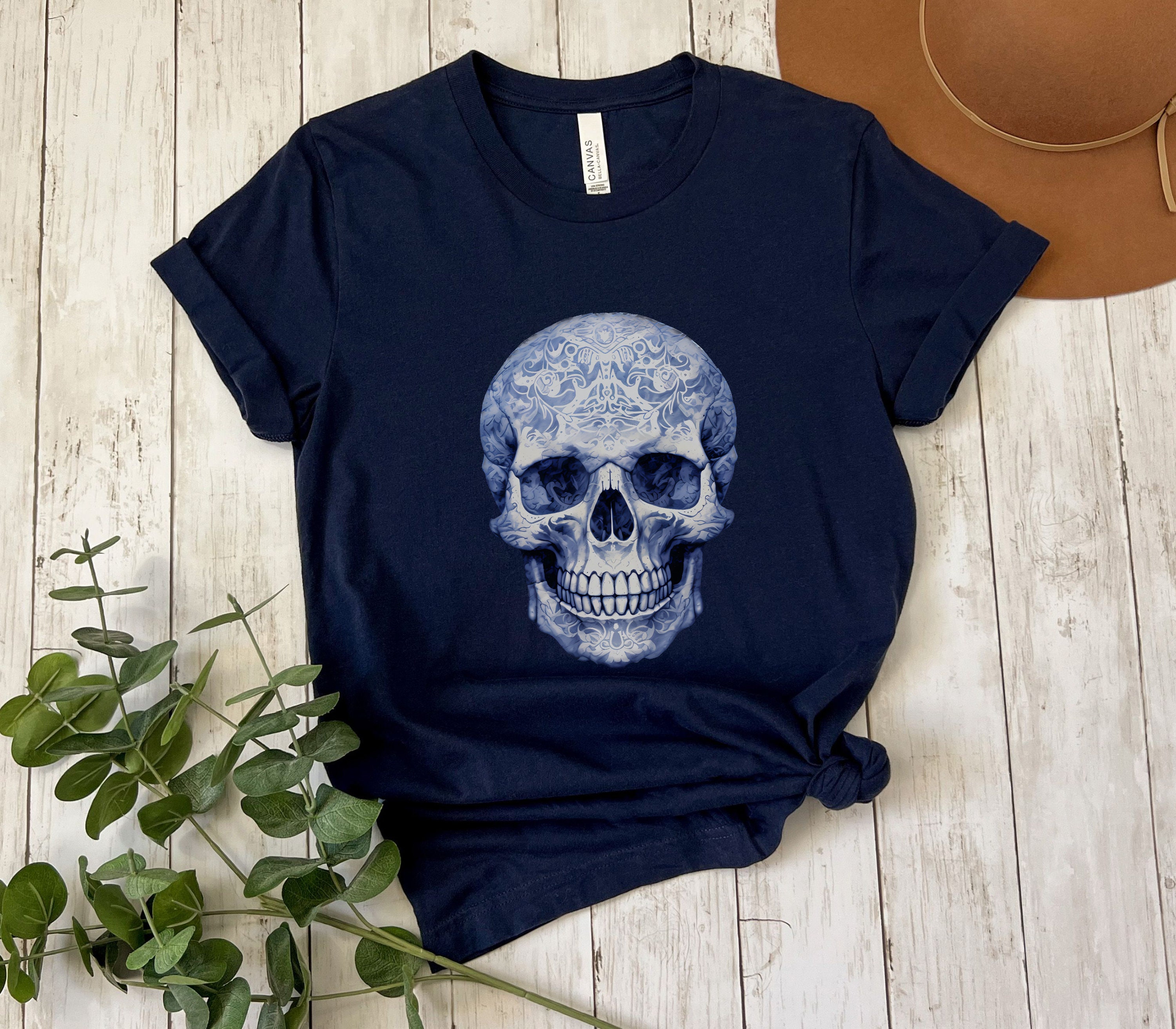 Block Print Skull T-shirt, Graphic Skull Tee, Blue Skull Shirt, Gift ...