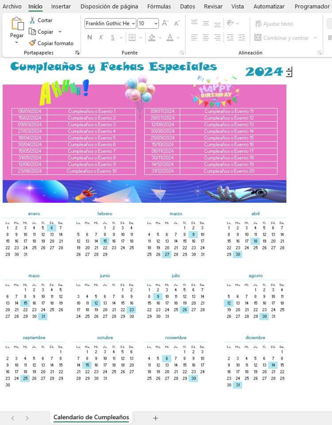 Excel Calendar Organizer for Important Dates for Birthdays and Special ...