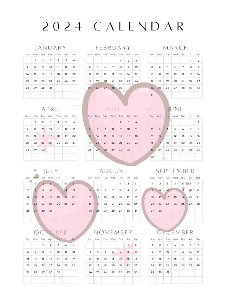 2024 Calendar Pink Simple Hearts Aesthetic; Coquette Aesthetic - Etsy