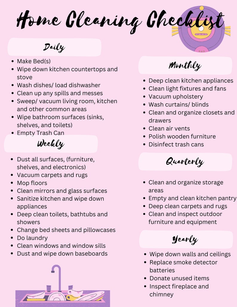 Home Cleaning Checklist - Pink - Etsy