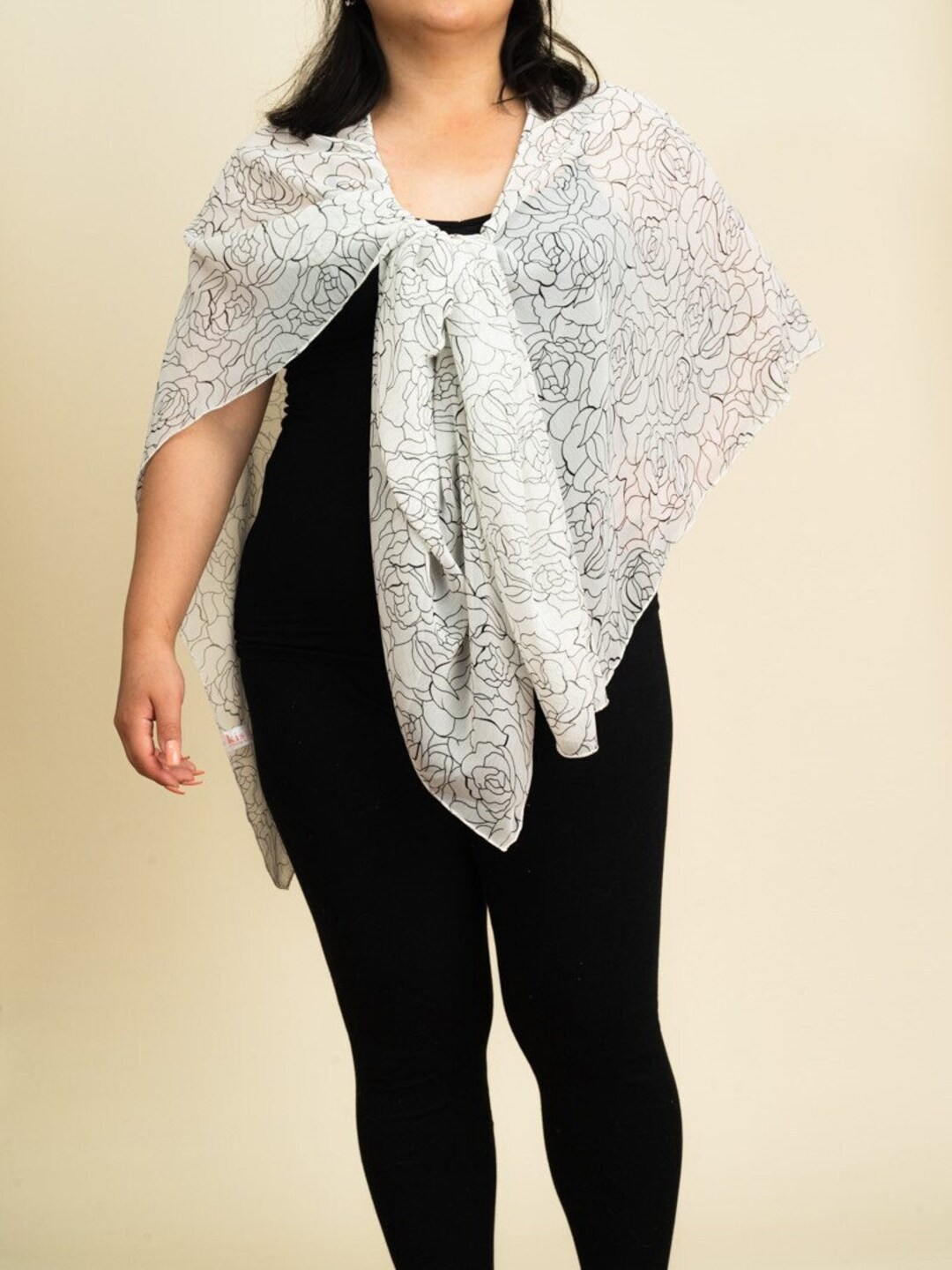 Black and White Floral Scarf Poncho - Chiffon Wrap - White Shawl ...