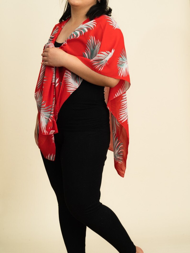 Red Palm Leaf Scarf Poncho - Multiway Wrap, Multi-way Scarf, Chiffon ...