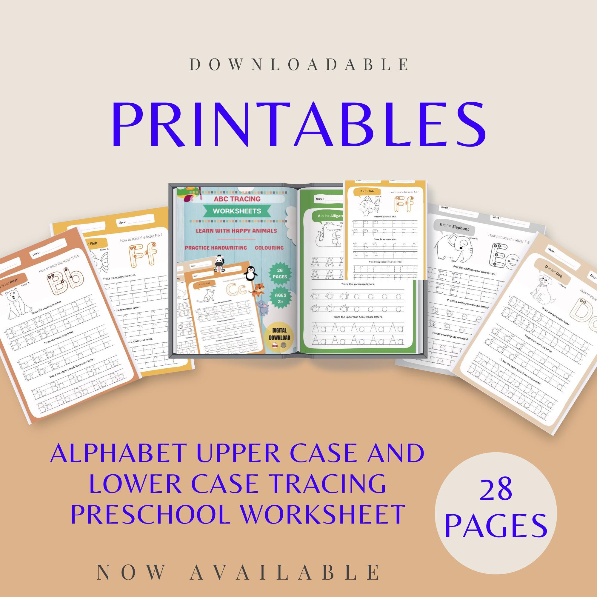 28 Page Printable Alphabet ABC With Animals Upper Case and Lower Case ...