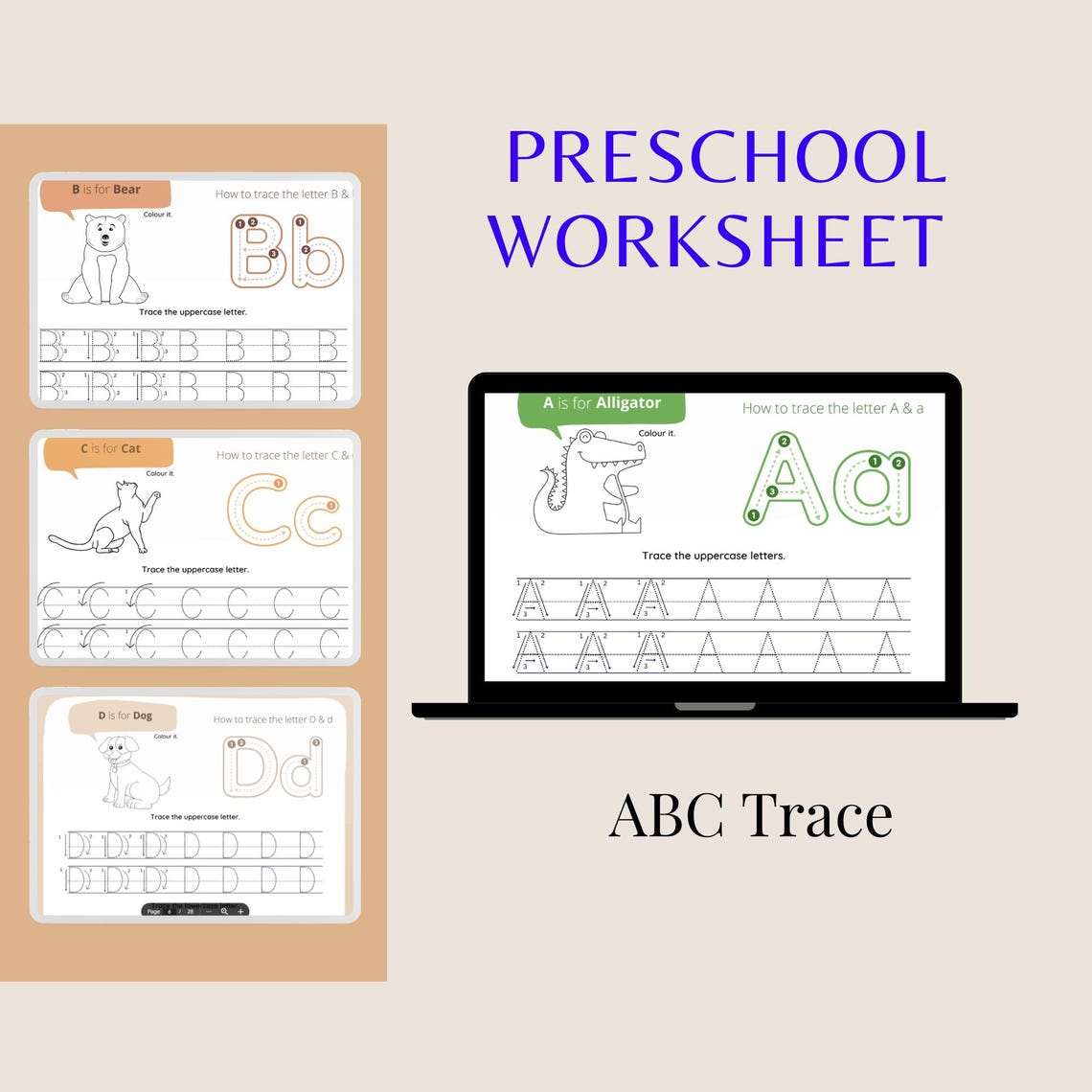 28 Page Printable Alphabet ABC With Animals Upper Case and Lower Case ...