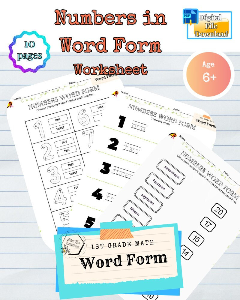 Numbers in Word Form Worksheet for Kids Ages 6 7 8 9 10 | 1st Grade Math Numbers Activities ...