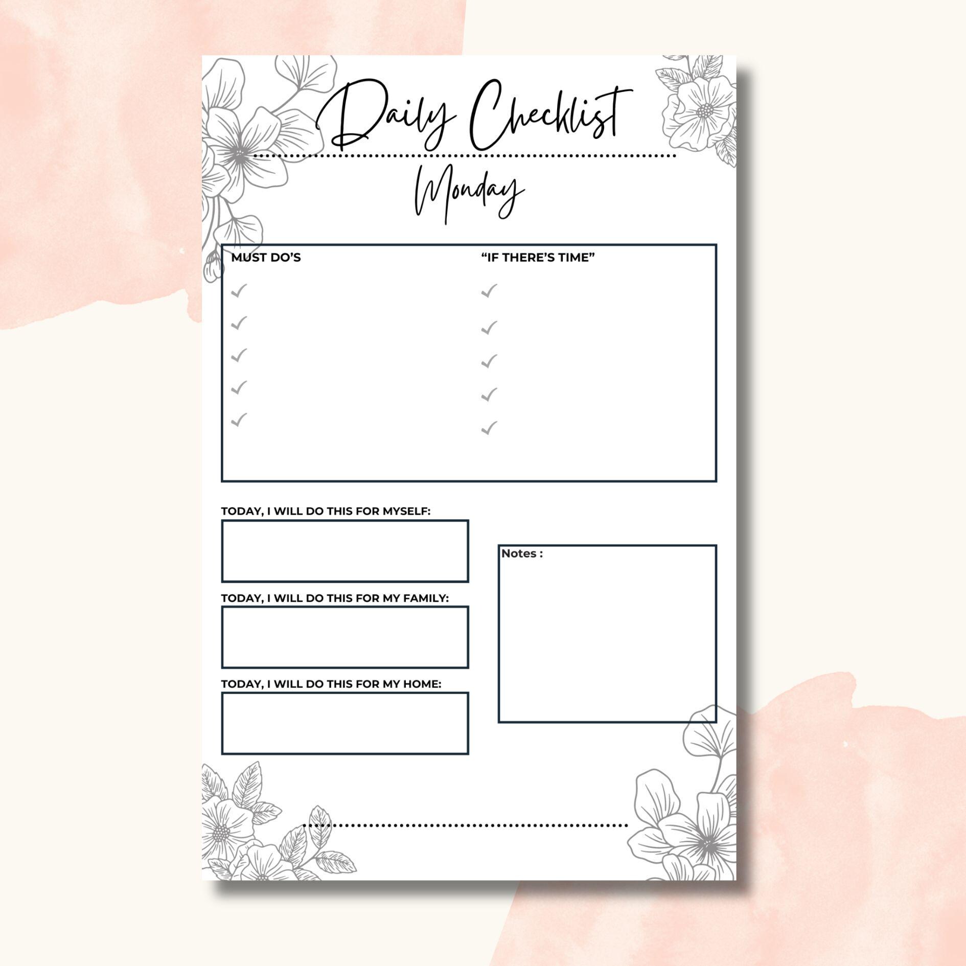 Daily Checklist, Weekly Checklist, to Do List, Printable Checklist ...