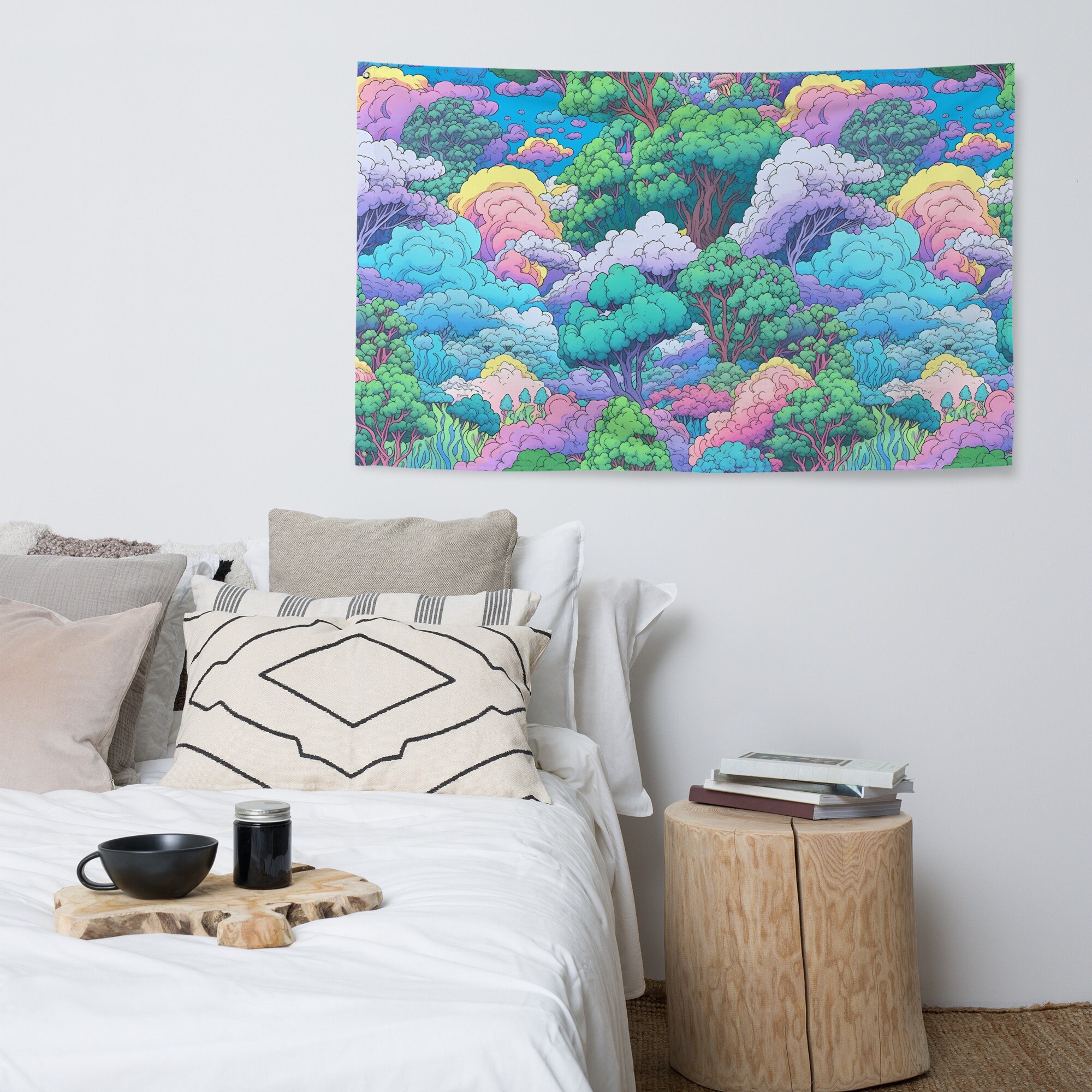 Colorful Cloud Scenes With Trees, Animated Style Psychedelic Tapestry ...