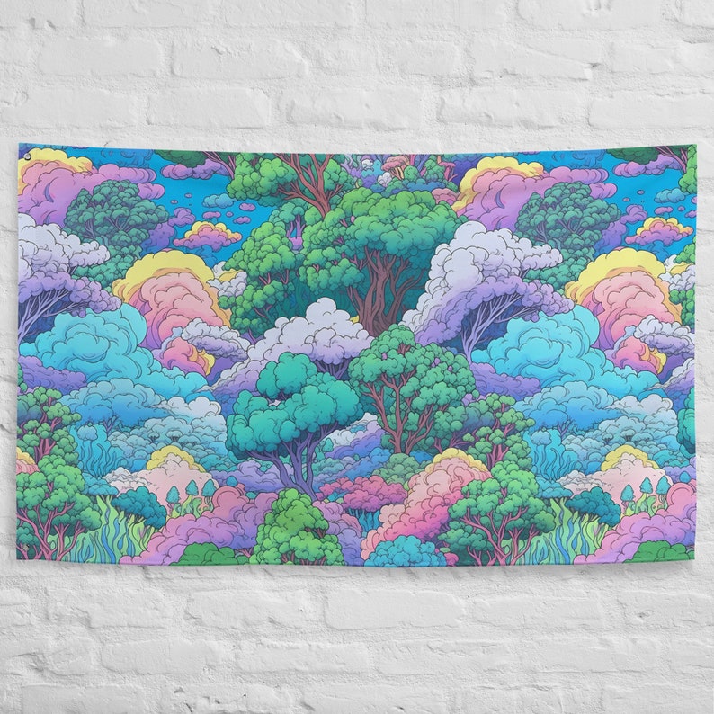 Colorful Cloud Scenes With Trees, Animated Style Psychedelic Tapestry - Etsy