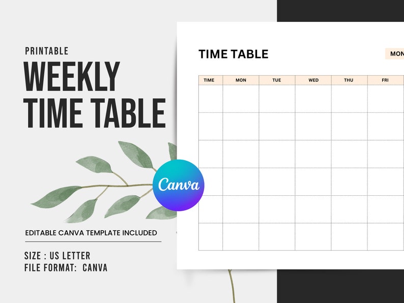 Weekly Time Table Printable and Editable CANVA Time Sheet Black and ...