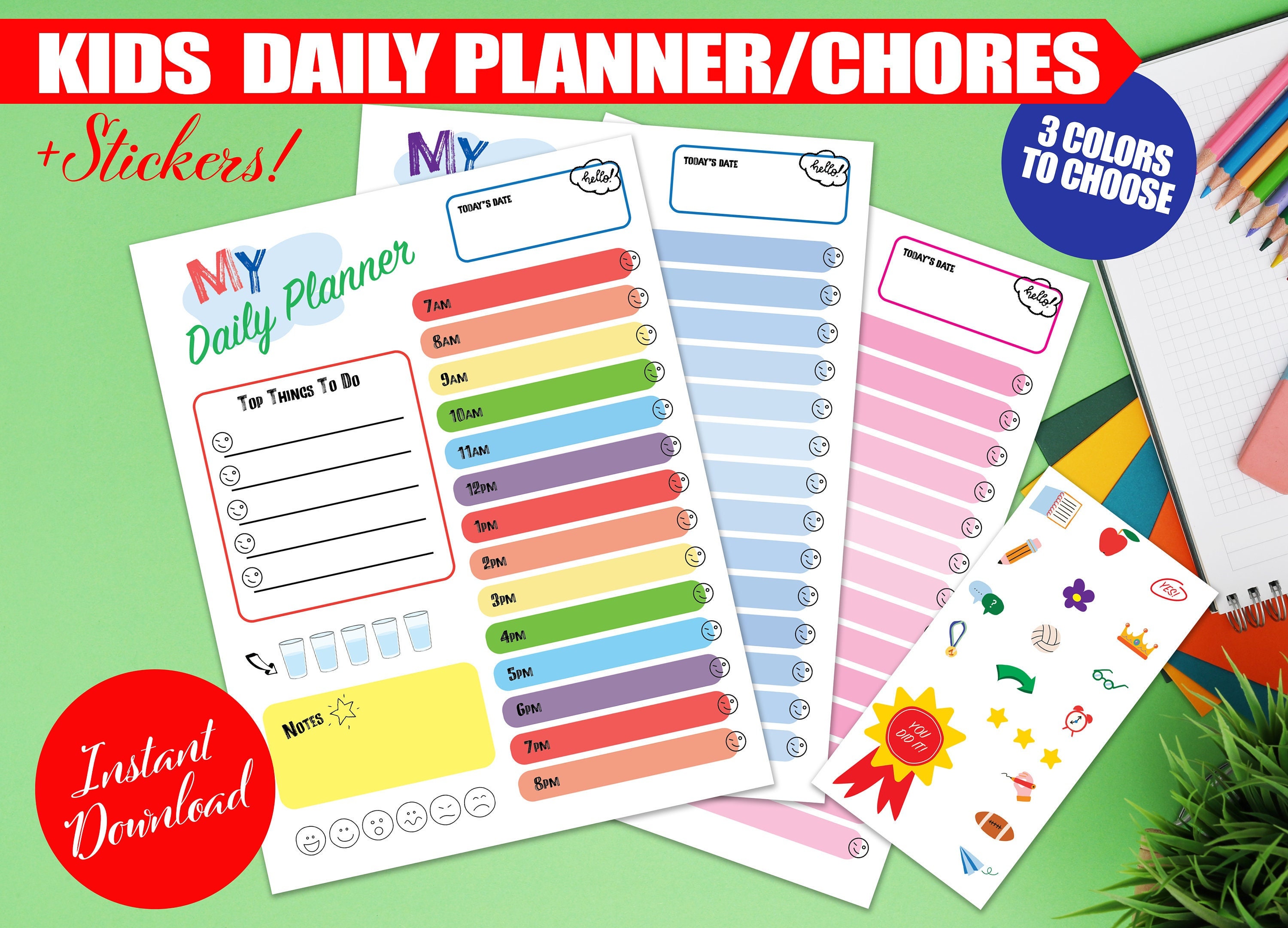 Kids Daily Planner Template: Chores Chart, Rainbow Stickers (printable ...