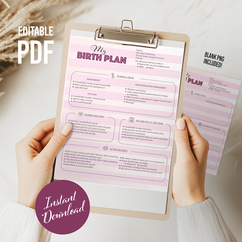 Editable Pink Birth Plan Template | Printable Birthing Checklist PDF ...