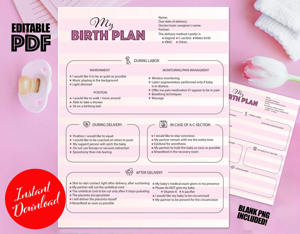Editable Birth Plan Template | Pink | Printable Checklist PDF | Girl ...