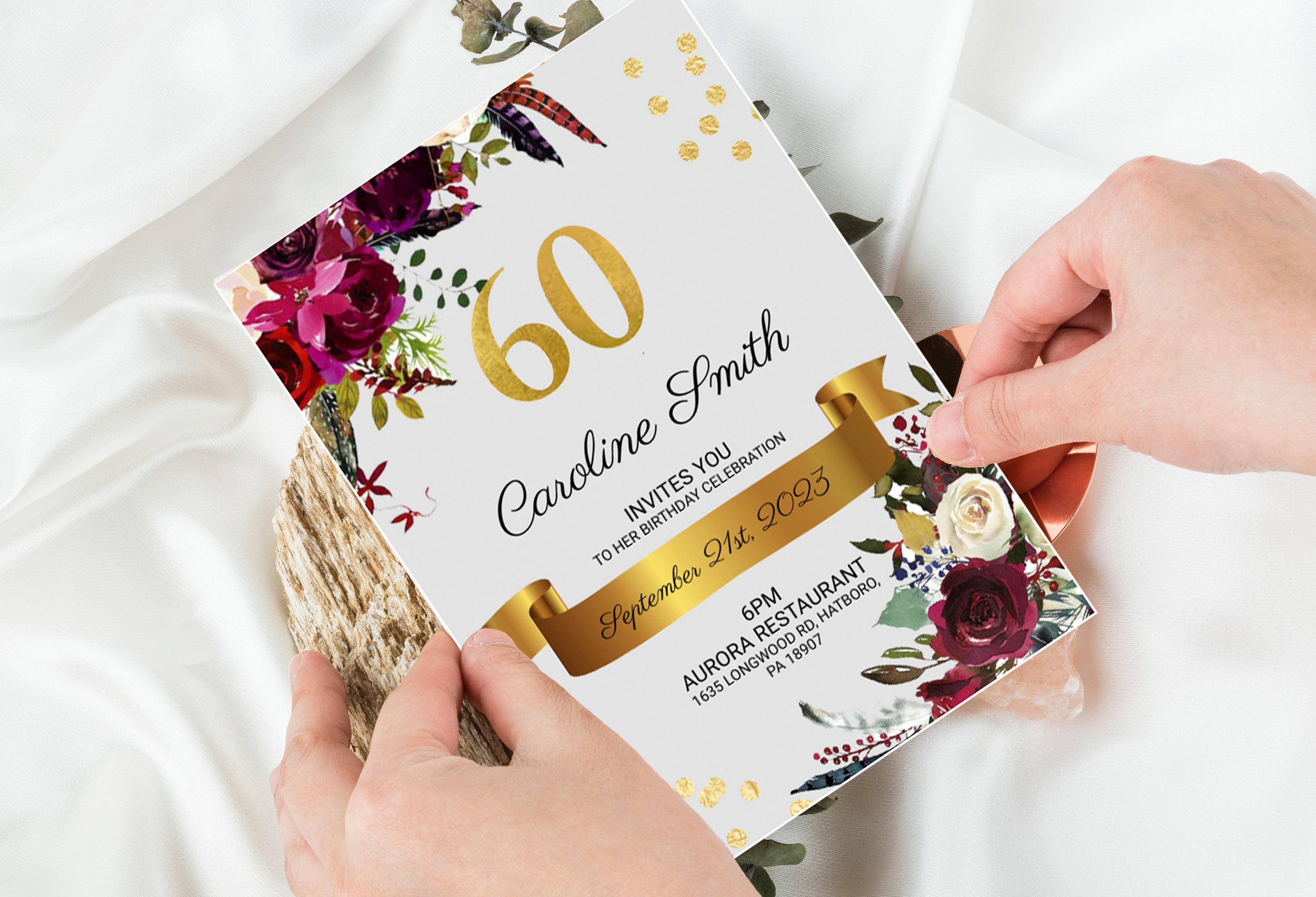 EDITABLE Gold Red Flowers Birthday Party Invitation 60 Jubilee ...