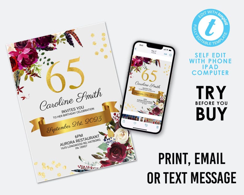 Editable 65th Birthday Invitation Template | Gold & Red Floral Design ...