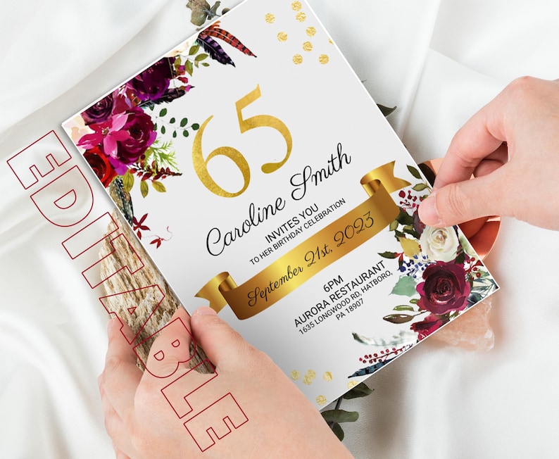 Editable 65th Birthday Invitation Template | Gold & Red Floral Design ...