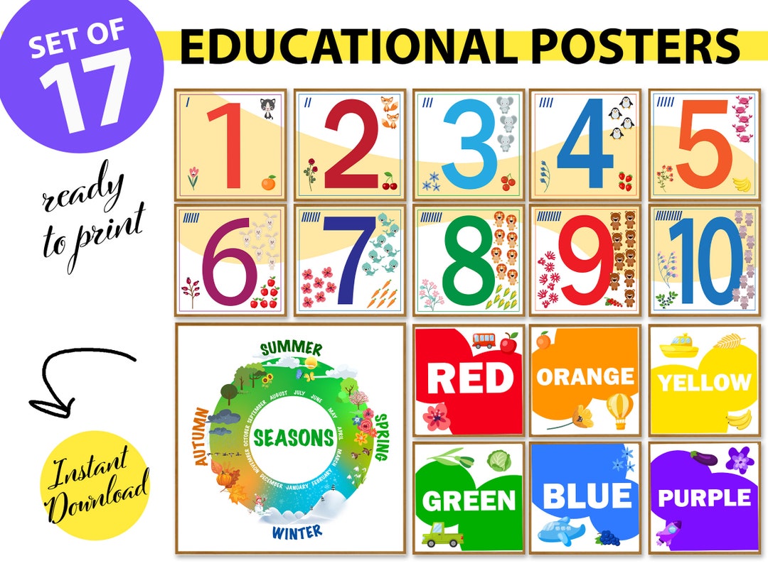 Set of Educational Posters, 17 Home School Printables, Playroom Prints ...