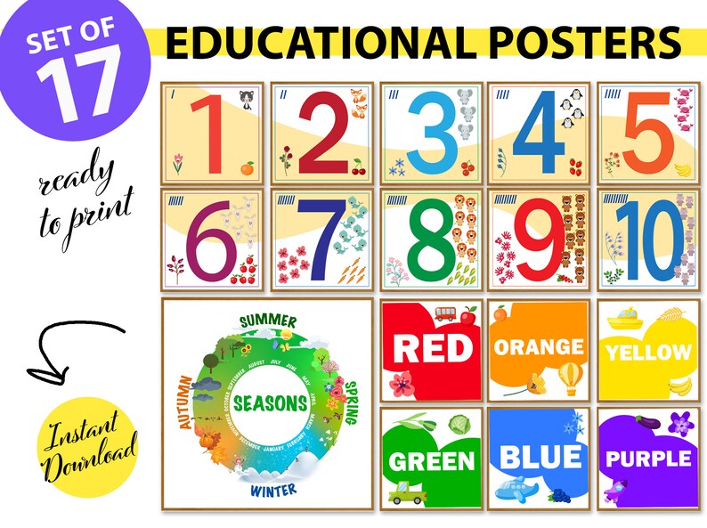 Set of Educational Posters, 17 Home School Printables, Playroom Prints ...