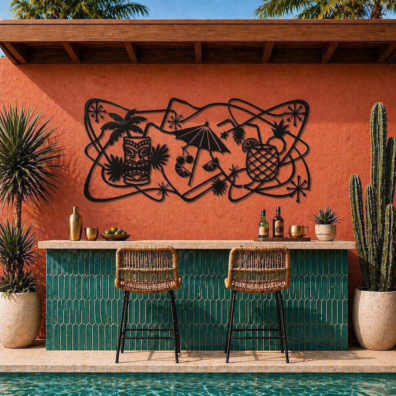 Mid Century Modern Tiki Metal Wall Art, Atomic Tropical Bar Decor ...