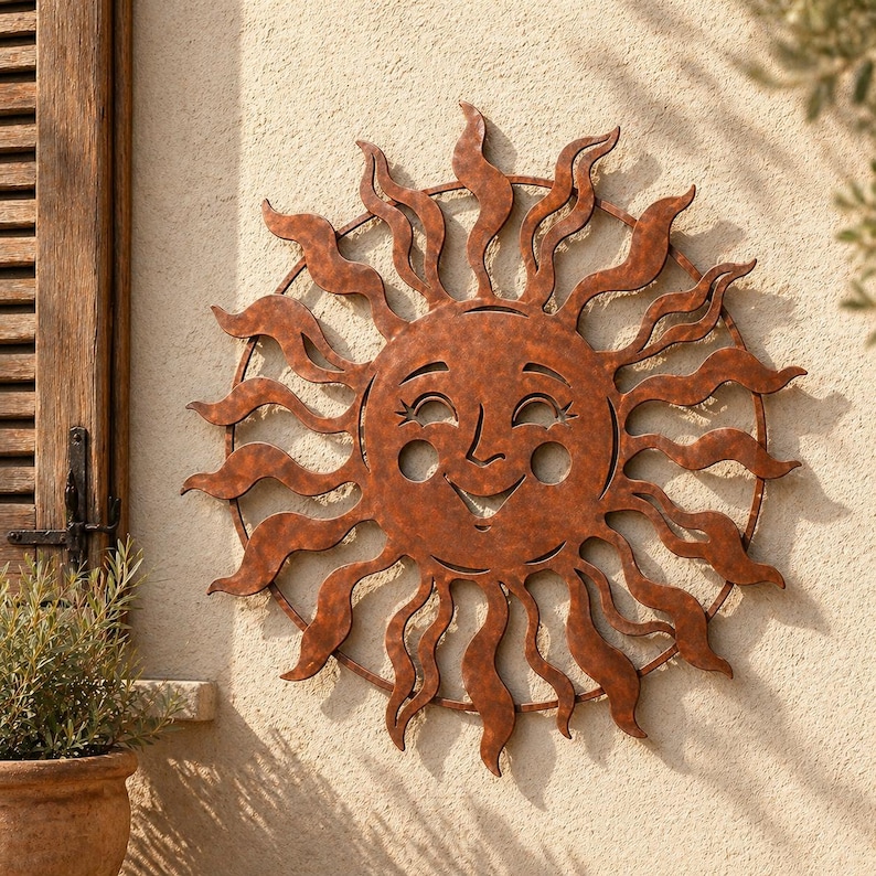 Rustic Sun Face Metal Wall Art • Copper Outdoor Garden Decor (14-gauge ...