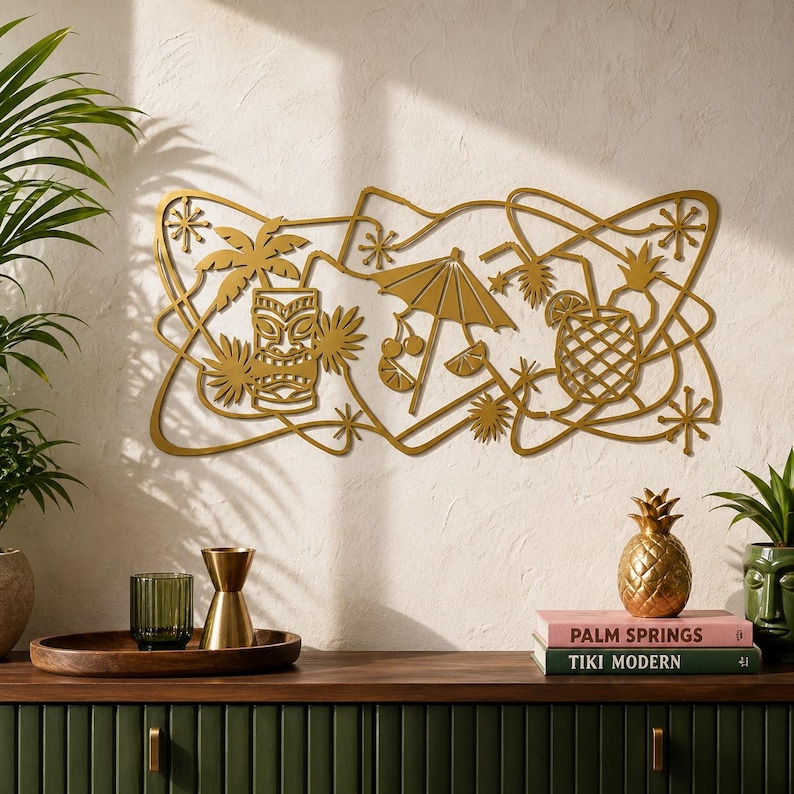 Mid Century Modern Tiki Metal Wall Art, Atomic Tropical Bar Decor ...