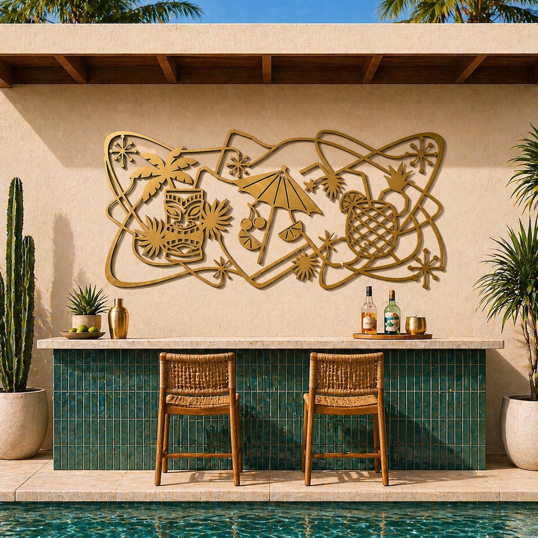 Mid Century Modern Tiki Metal Wall Art, Atomic Tropical Bar Decor ...