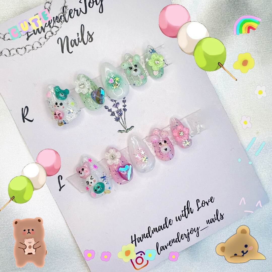 3D Cute Characters, Cute Pink Nails, Cute Green Nails, Dango Naild - Etsy