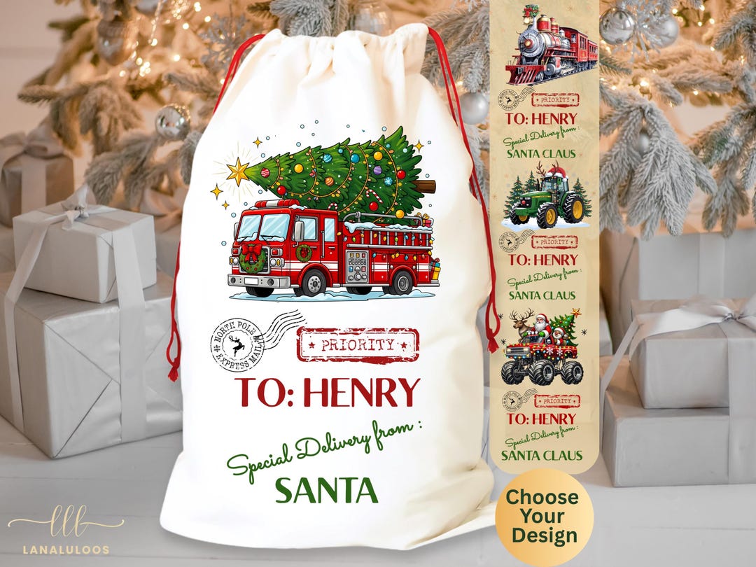 Personalized Santa Sack, Fire Truck, Train, Tractor, 4-wheeler Design ...