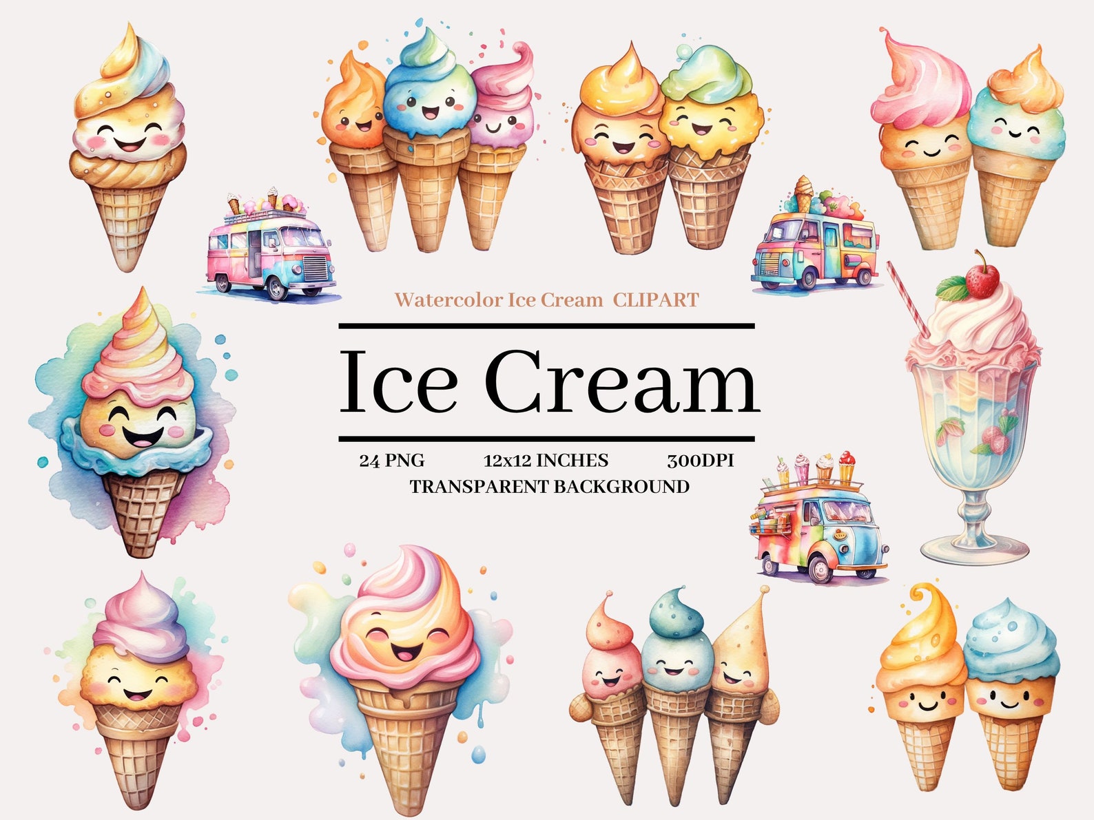 Watercolor Ice Cream Clipart Bundle, Cute Ice Cream, Ice Cream Truck ...