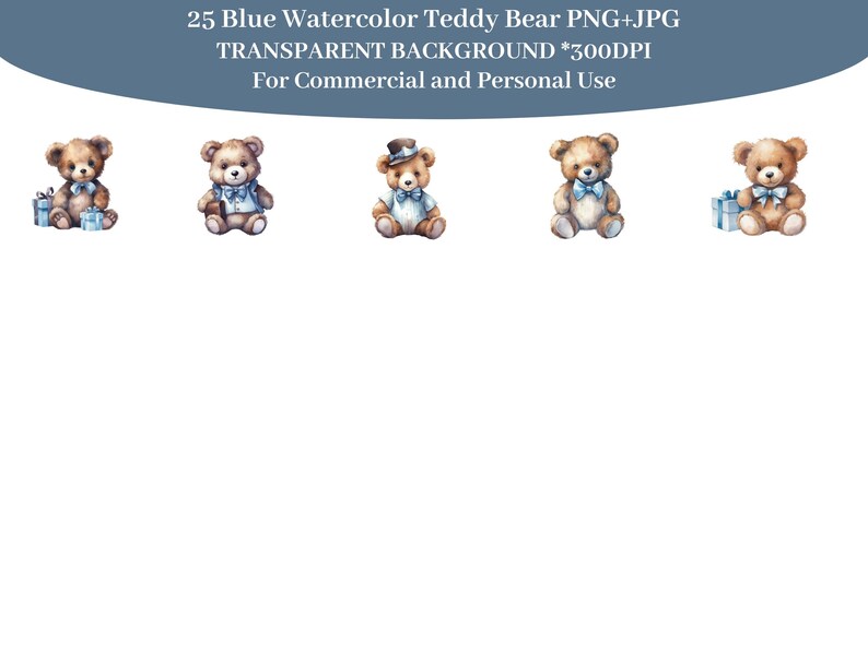 25 Cute Watercolor Blue Teddy Bear Clipart JPG+PNG Bundle, Nursery ...