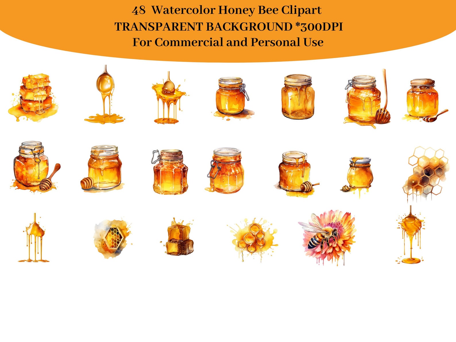 Watercolor Honey Bee Clipart Bundle,48 PNG Images of Floral Spring ...